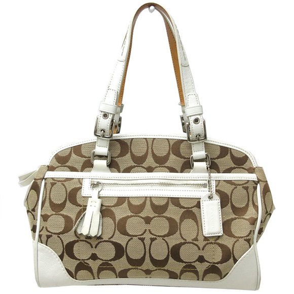 Coach | Bags | Coach Hand Tote Bag Signature Brown White Leather Canvas ...